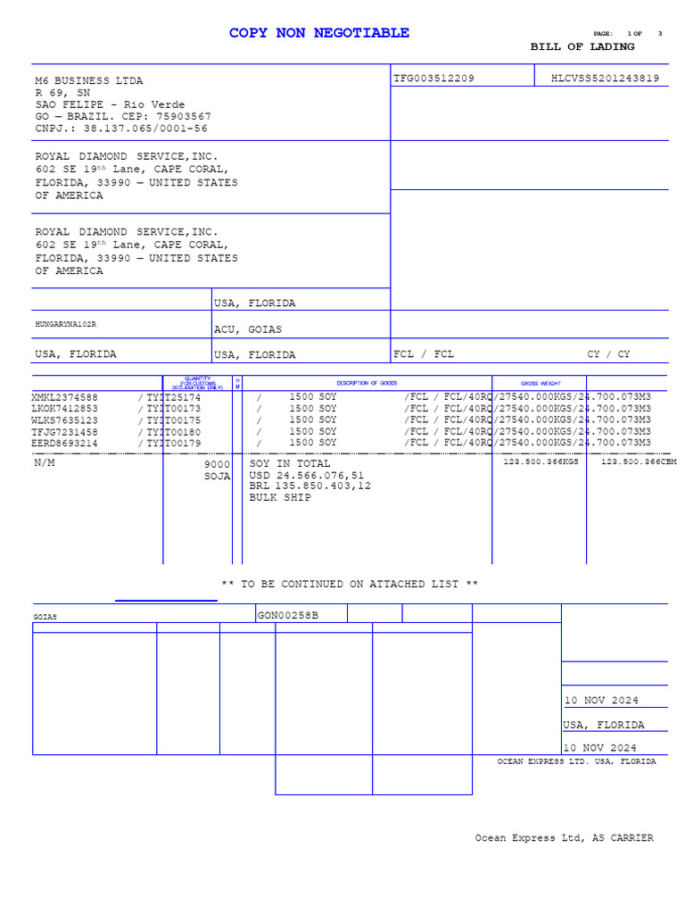 Bill of Lading for Soybean Export | PDF | Bill Of Lading | Cargo