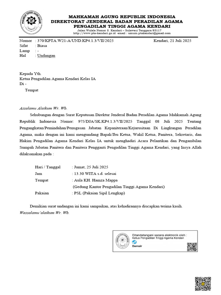 Undangan Pelantikan Utk PA Kendari | PDF