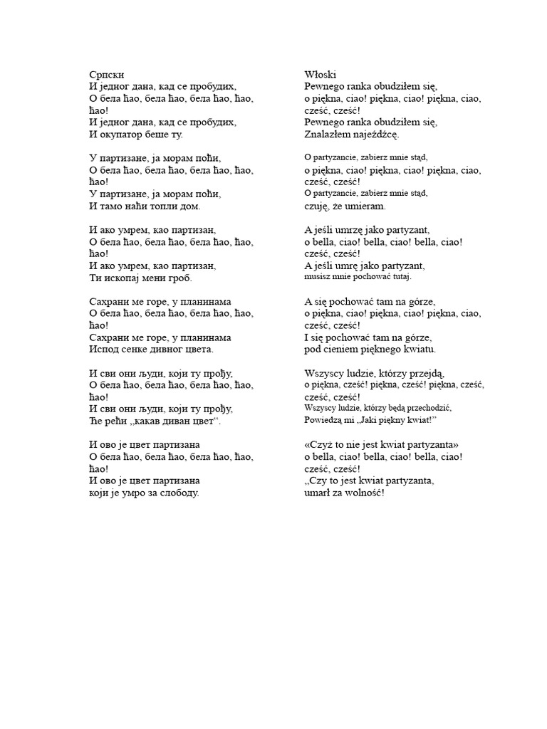 Bella Ciao - Prijevod Na Srpski | PDF