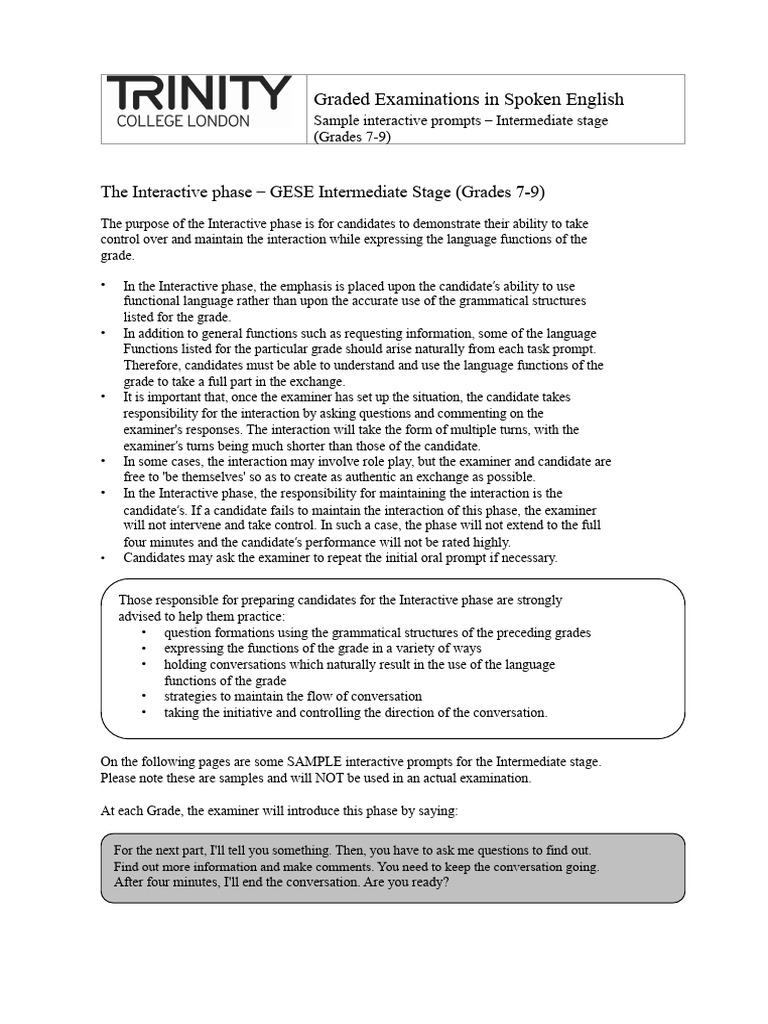 GESE Sample Intermediate Interactive Prompts (Grades 7-9) | PDF