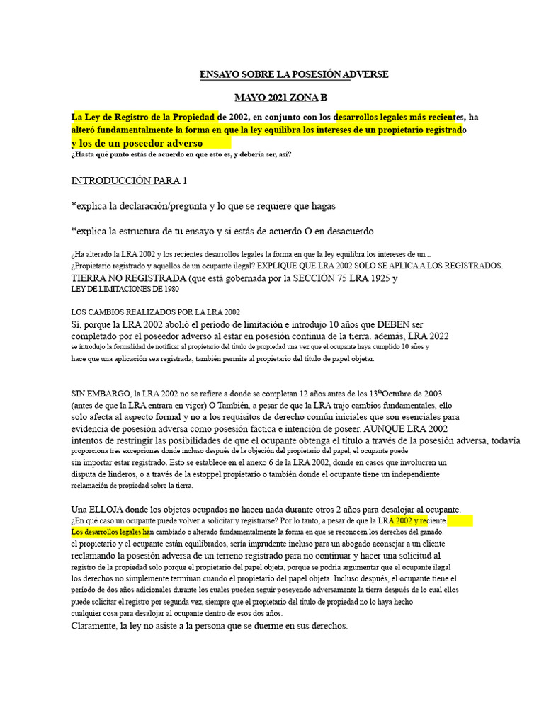 ENSAYO SOBRE LA POSESIÓN ADversa | PDF | Propiedad | Justicia
