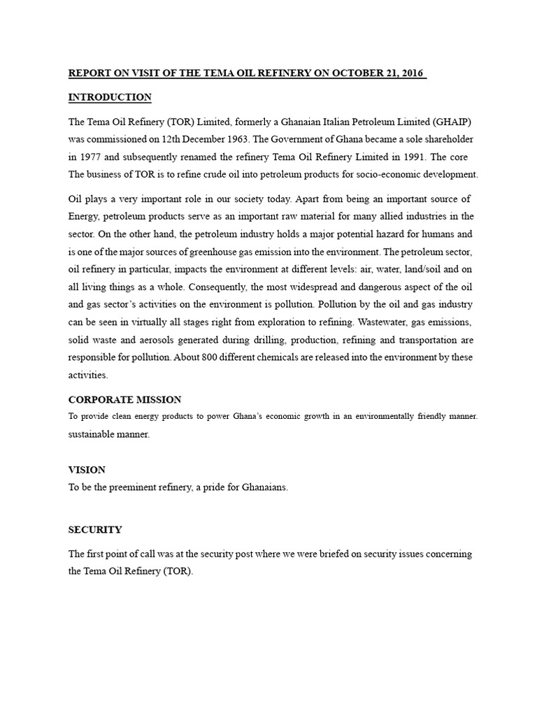 Report On Visit To Tema Oil Refinery On October 21 | PDF | Oil Refinery ...