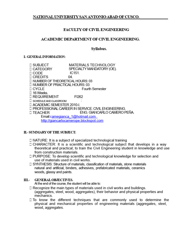 Civil Engineering Materials Syllabus | PDF | Rock (Geology) | Materials