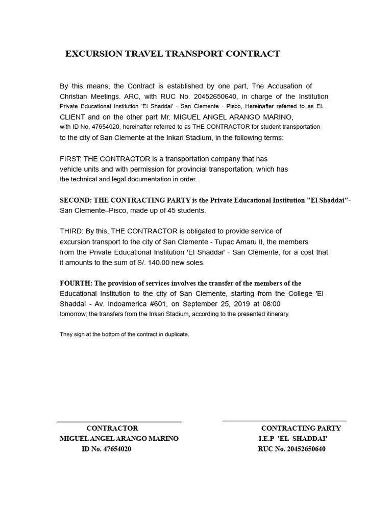 Excursion Travel Transport Contract | PDF