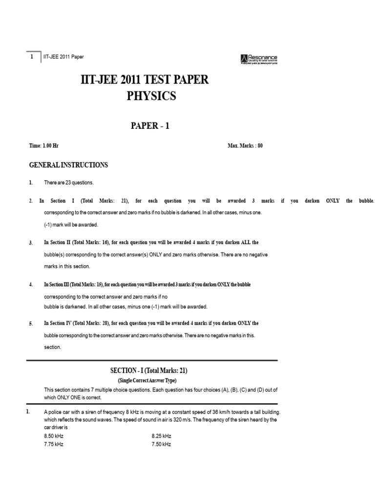 IIT-JEE 2011 Question Paper | PDF | Voltage | Capacitor