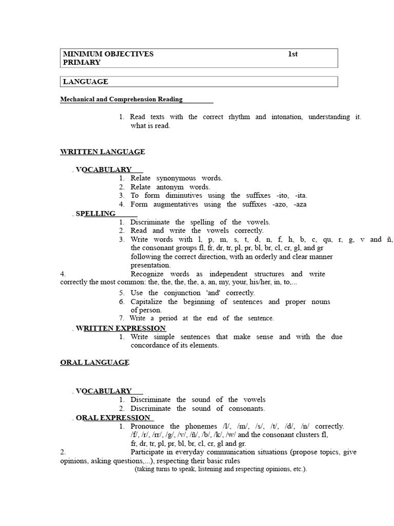 Language and Math Learning Objectives | PDF | Word | Vocabulary