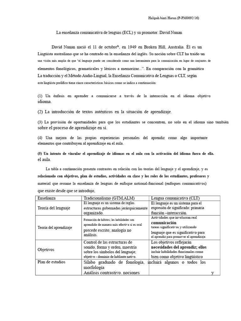 La Enseñanza Comunicativa de Idiomas de Nunan: Un Resumen. | PDF | Aprendizaje | Enseñando