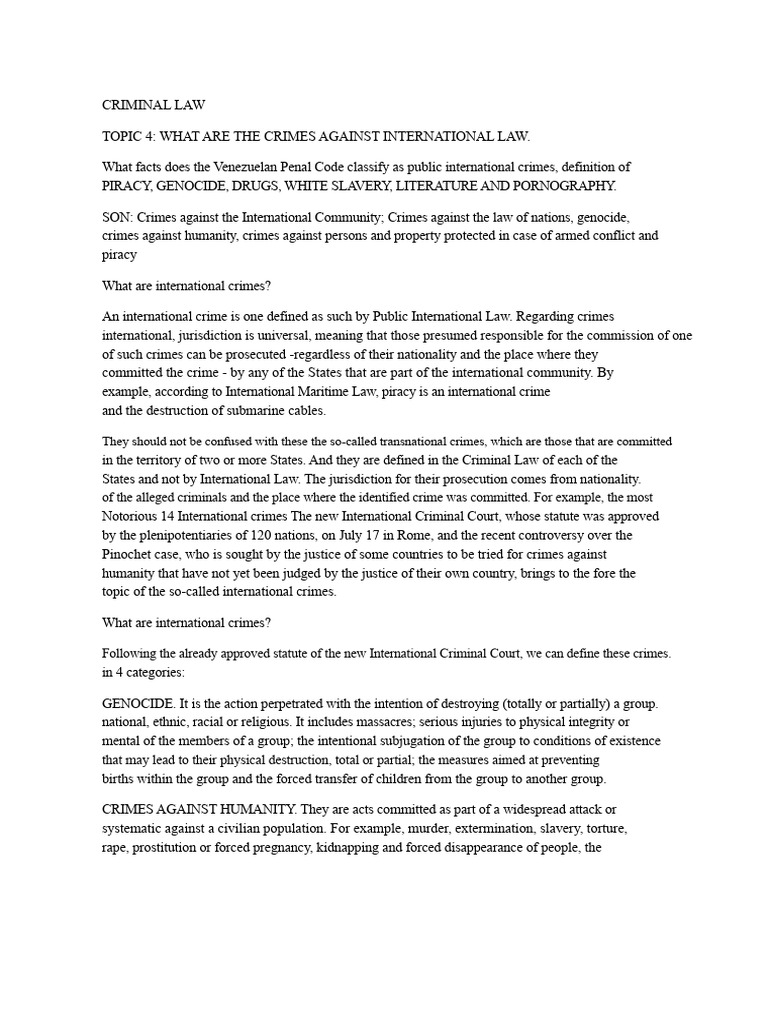 Criminal Law, Topic 4 Crimes Against International Law | PDF | Human ...