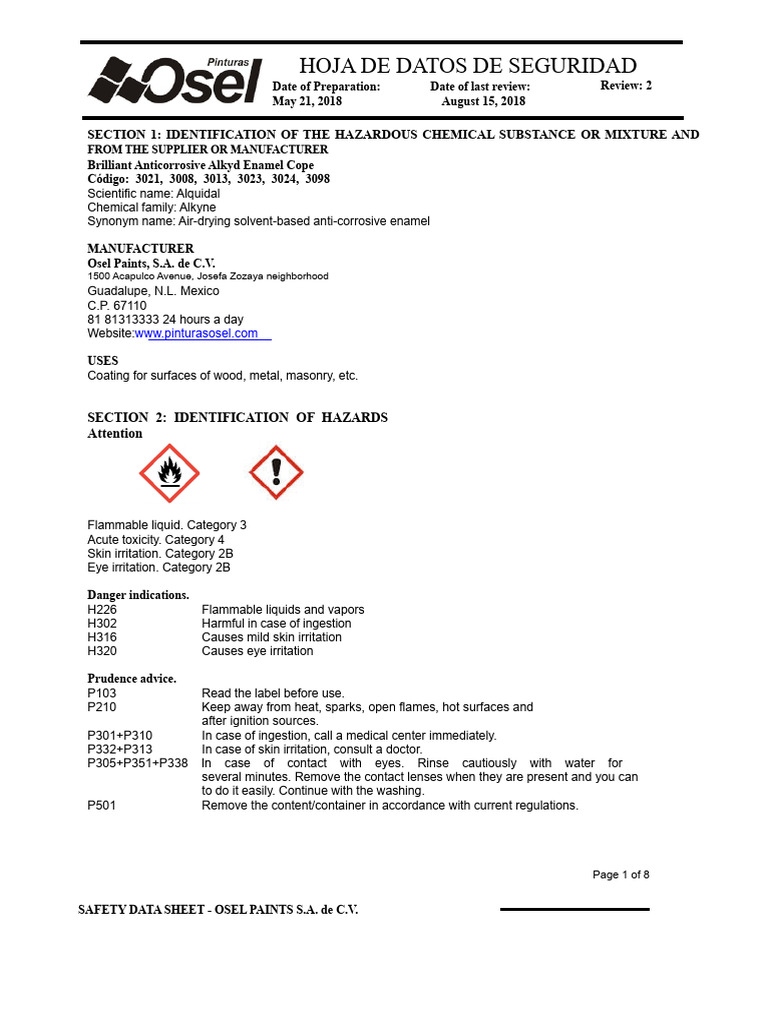 Safety Data Sheet for Osel Enamel Paint | PDF | Dangerous Goods ...