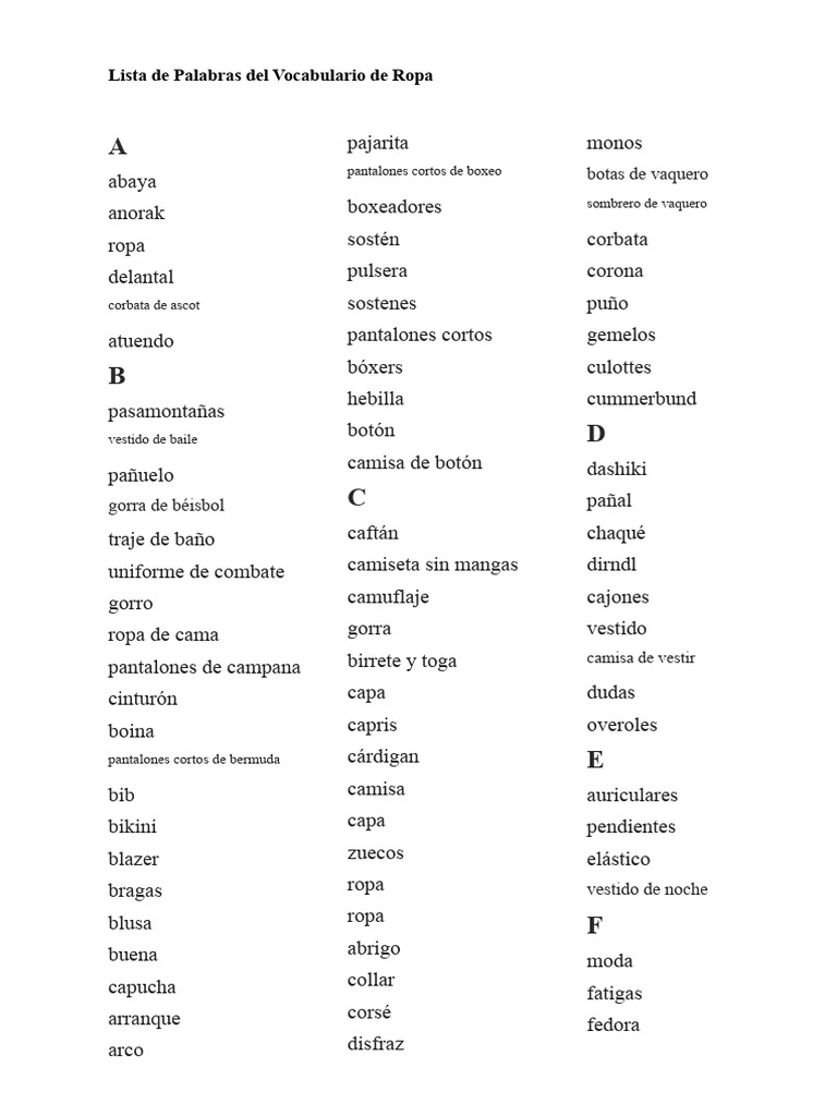 Vocabulario Esencial de Ropa | PDF | Ropa | Camisa