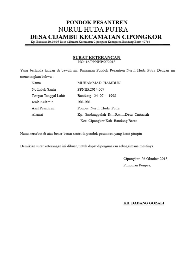 Surat Keterangan Santri | PDF