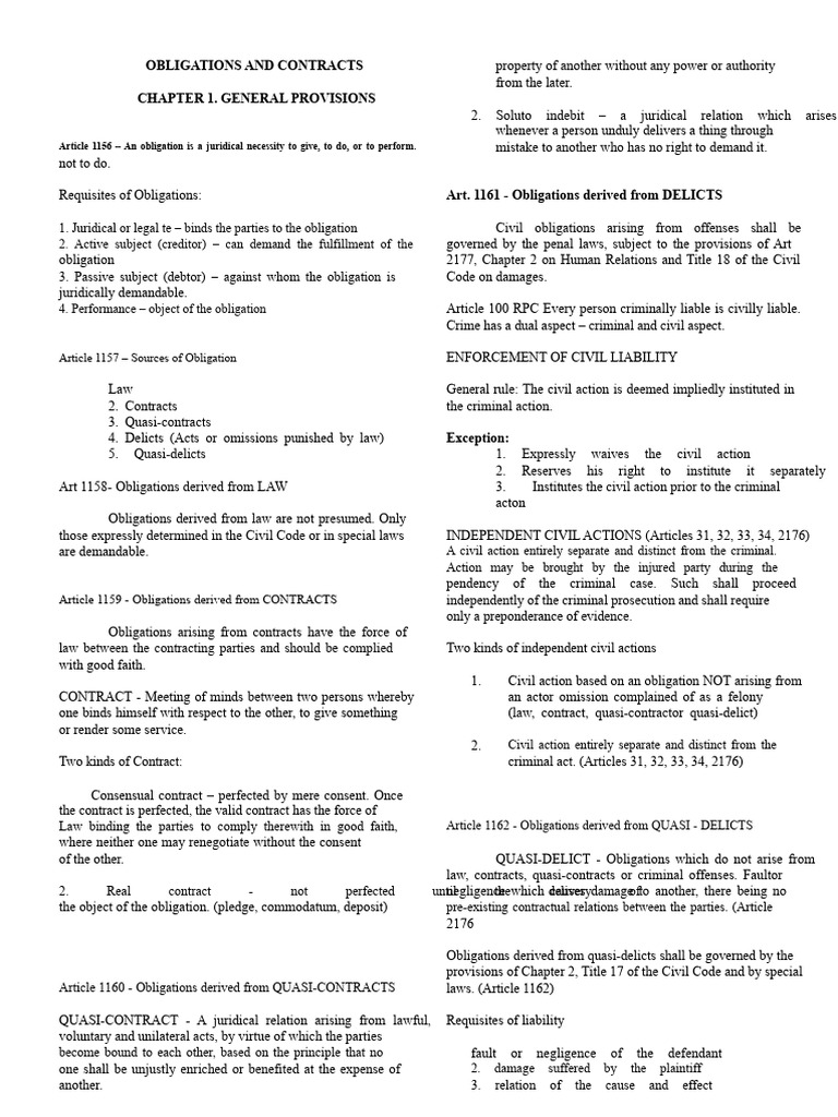 OBLIGATIONS AND CONTRACTS Codal | PDF | Law Of Obligations | Negligence