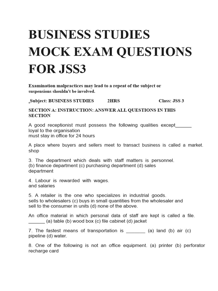 JSS3 Business Studies Mock Exam Questions | PDF | Debits And Credits ...