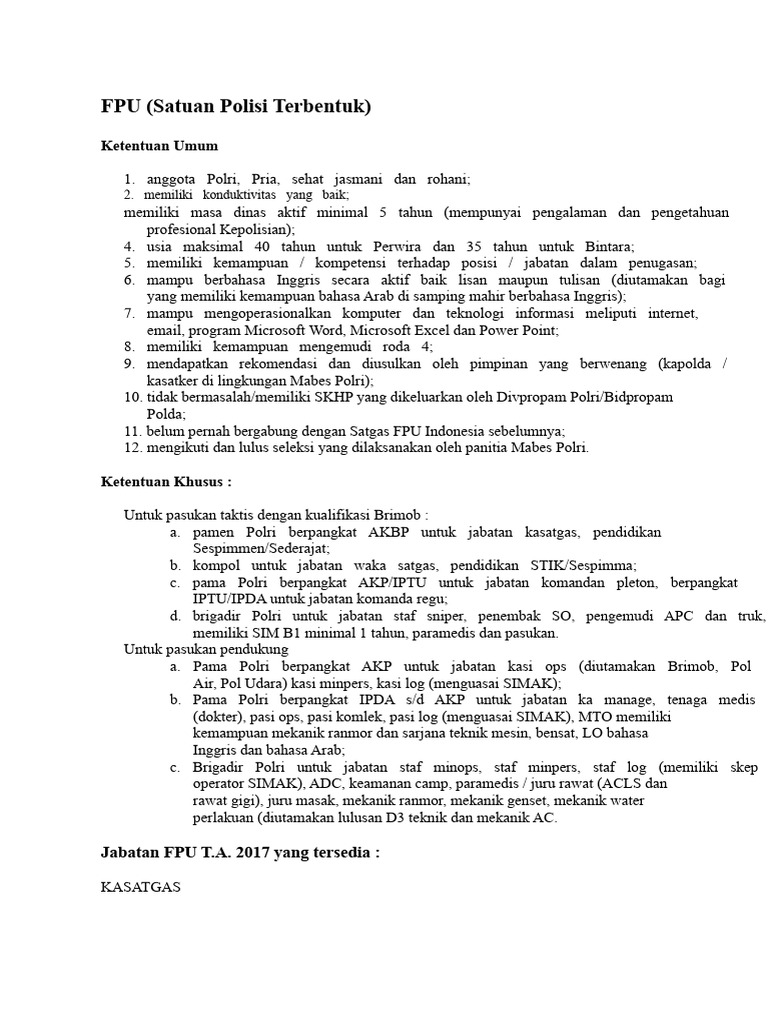 Persyaratan Bergabung FPU Polri 2023 | PDF