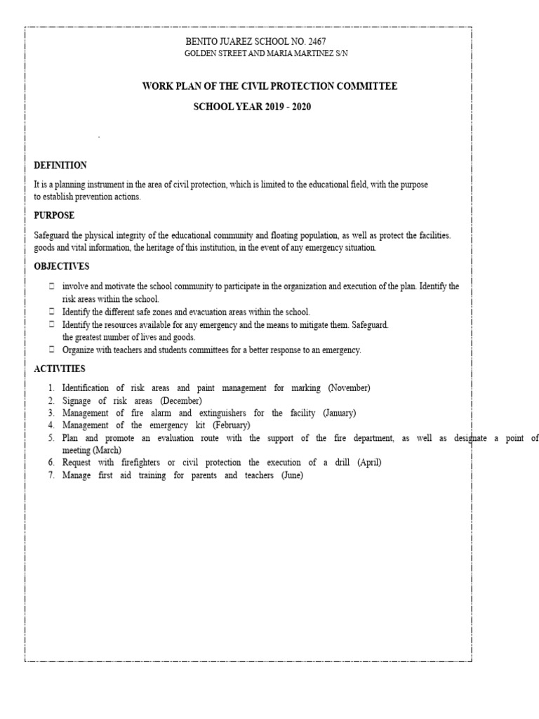 Civil Protection Plan for Benito Juarez School | PDF