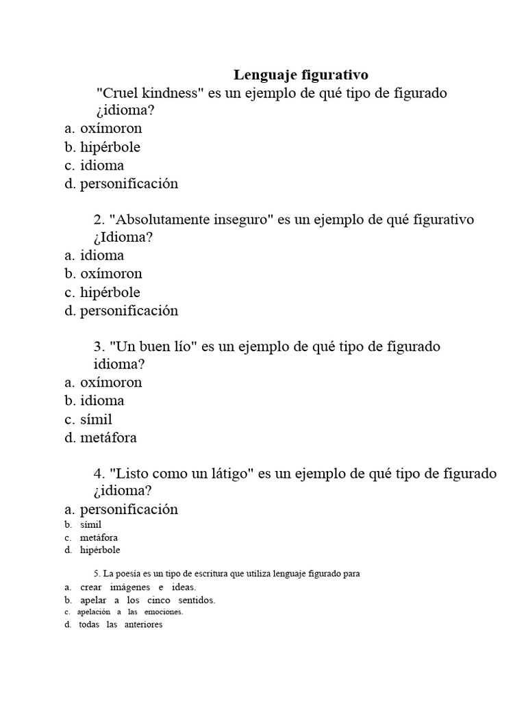 Lenguaje Figurativo - Cuestionario | PDF | Poesía | Metáfora