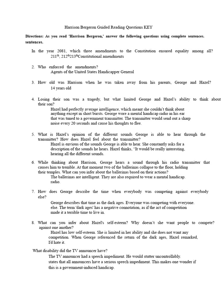 Harrison Bergeron Guided Reading Questions Key | PDF