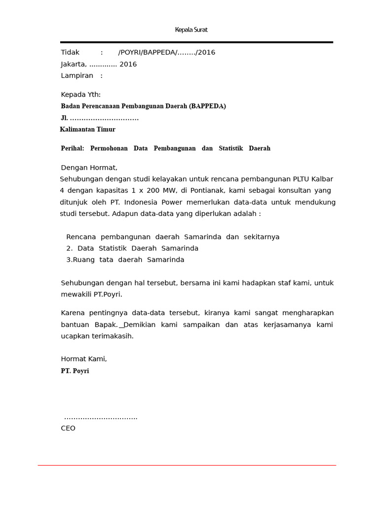 Surat Pengantar Ke BAPPEDA (Samarinda) | PDF
