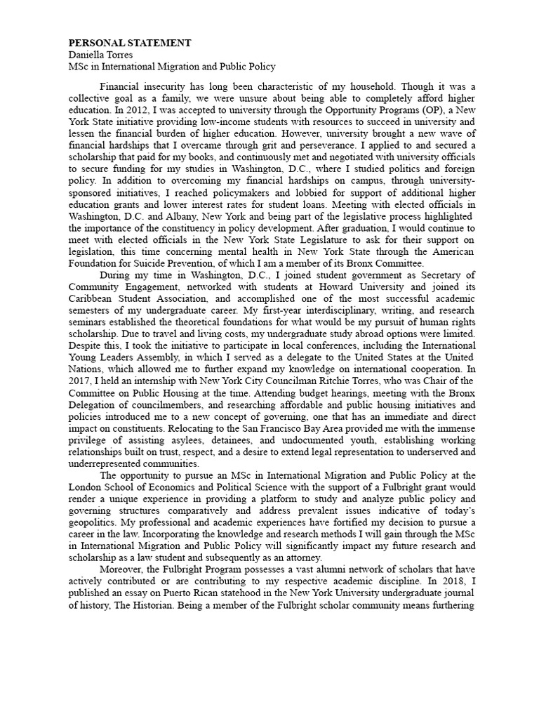 Personal Statement Example 1 - Fulbright Application | PDF