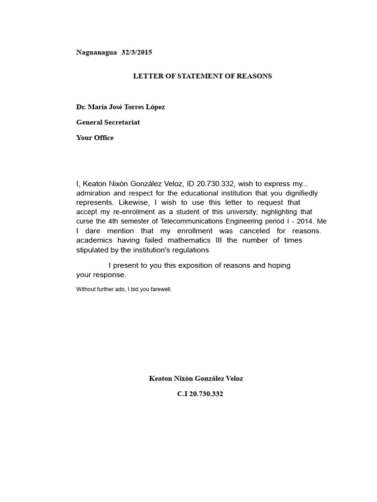 Letter of Statement of Reasons | PDF