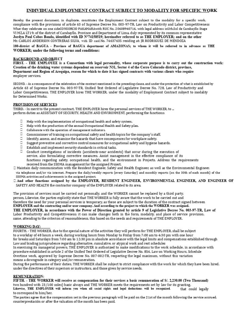 Employment Contract for Specific Work | PDF | Occupational Safety And ...