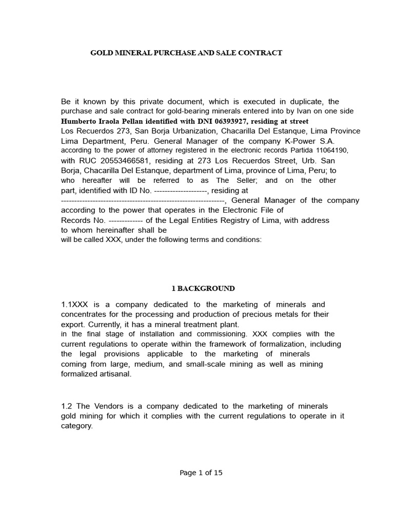 Gold Mineral Purchase Agreement Document | PDF | Ounce