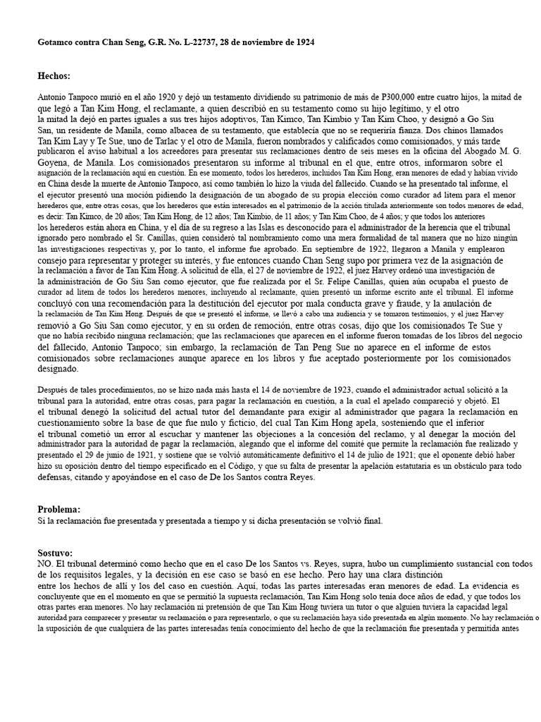 Caso Gotamco vs. Chan Seng: Reclamación Nula | PDF | Judicaturas ...