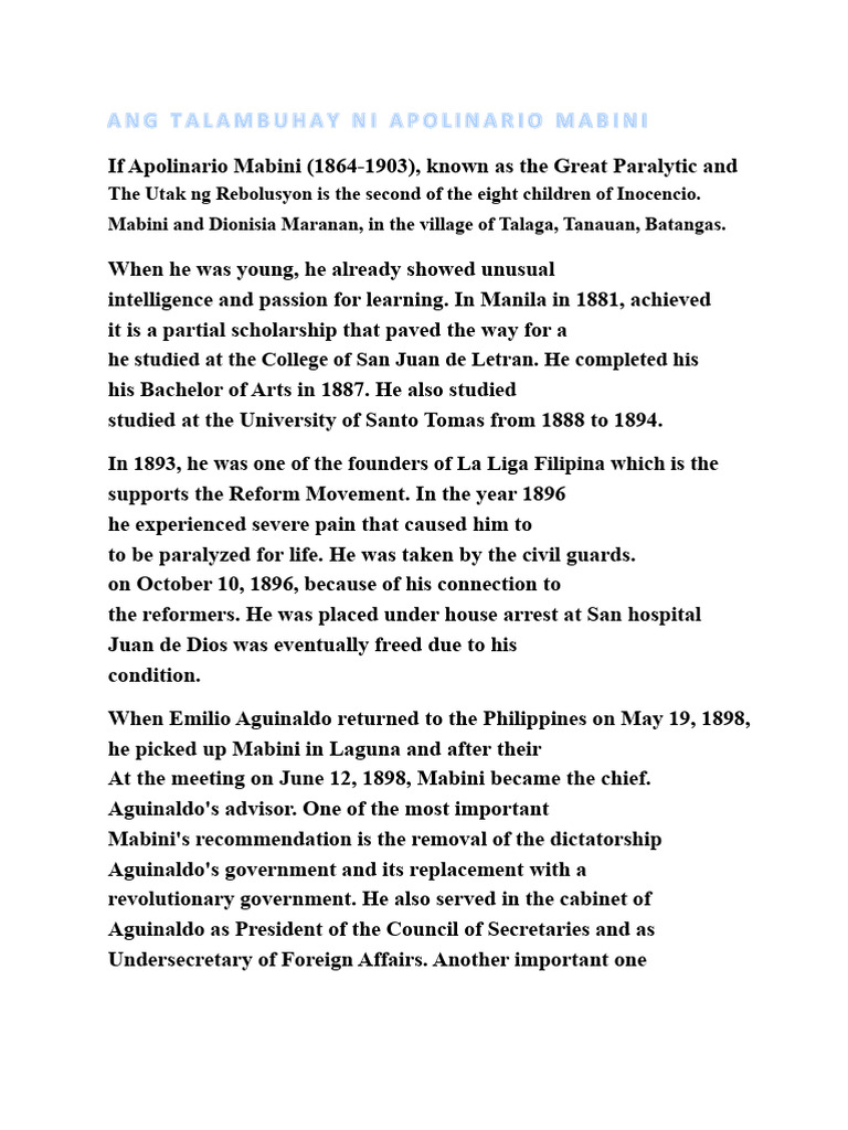 Apolinario Mabini: Life and Legacy | PDF