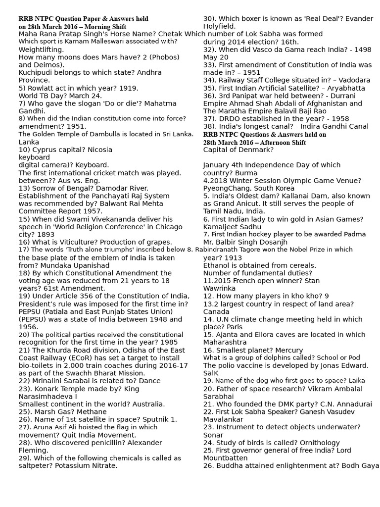 RRB NTPC Question Paper | PDF