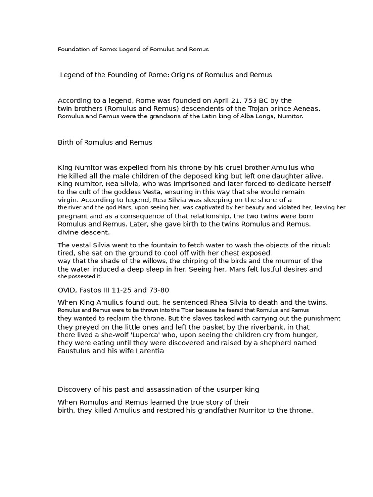 Summary of The Foundation of Rome | PDF | Romulus And Remus | Aeneas
