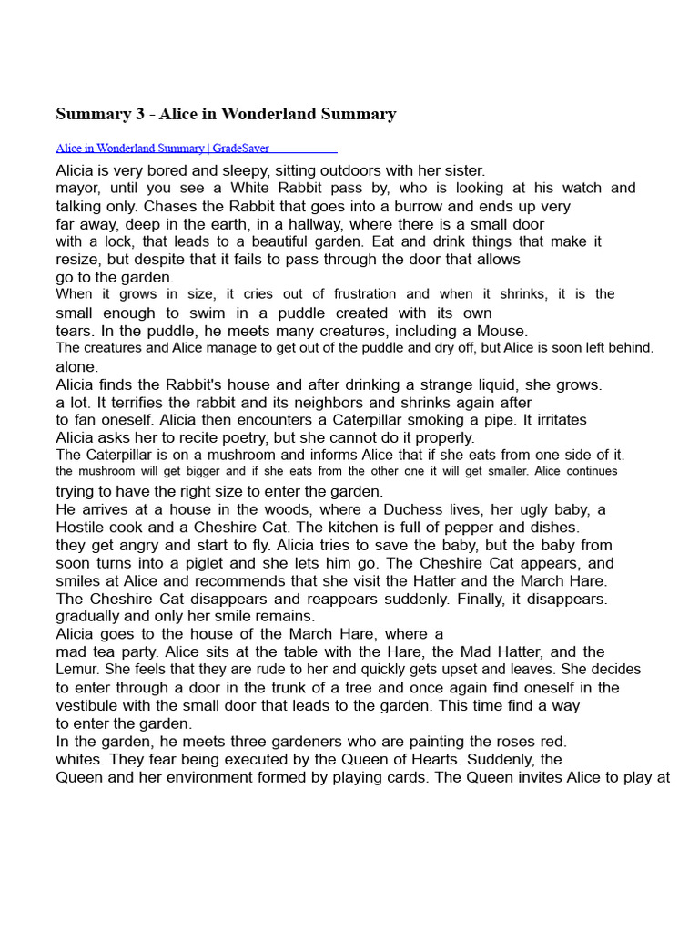 Summary 3 - Alice in Wonderland Summary | PDF | Alice's Adventures In Wonderland | Lewis Carroll