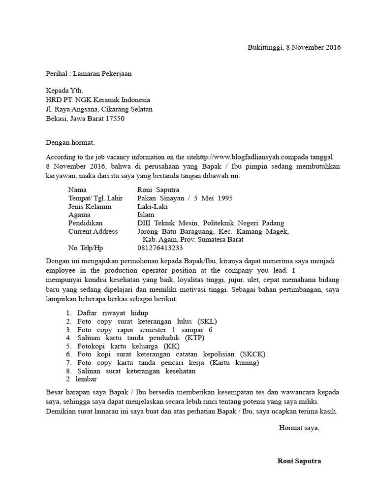 Surat Lamaran Kerja PT Yamaha Indonesia Motor Manufacturing | PDF