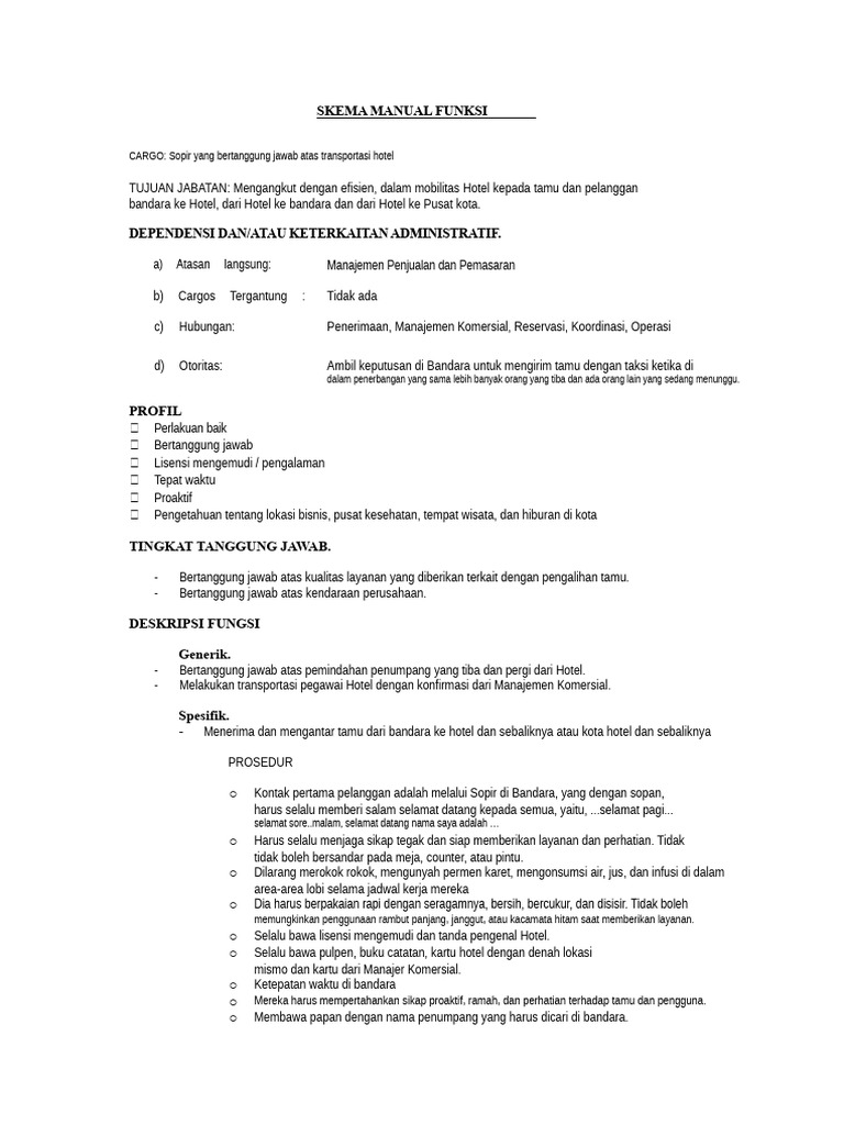 Manual Fungsi Sopir SUN HOTEL 4 | PDF