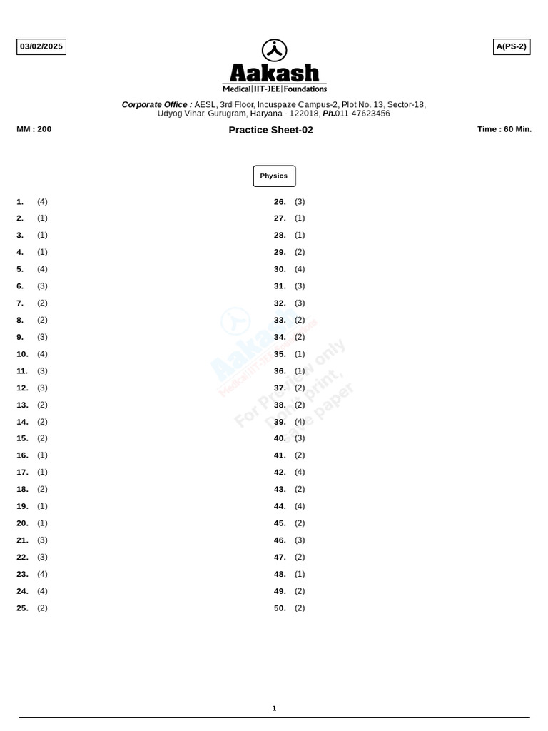 Physics Practice Sheet 2 Solutions | PDF | Quantity | Electricity