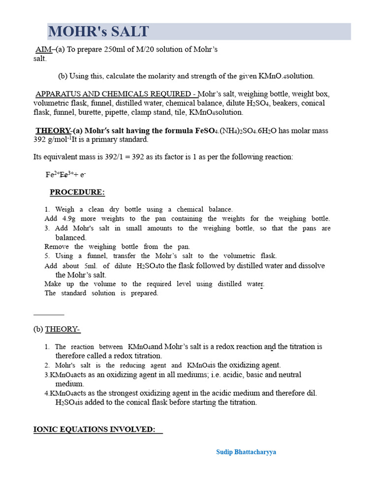 Titration (Mohr's Salt, Oxalic Acid) - XII | PDF | Titration | Chemistry