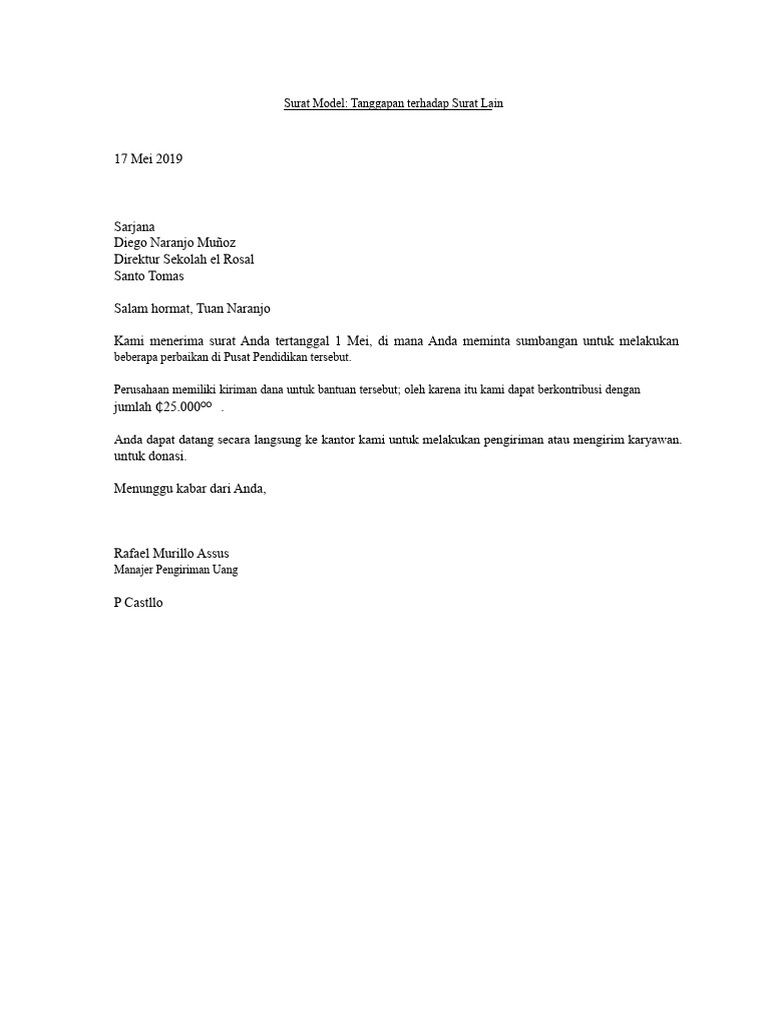 Surat Model Balasan Untuk Surat Lain | PDF