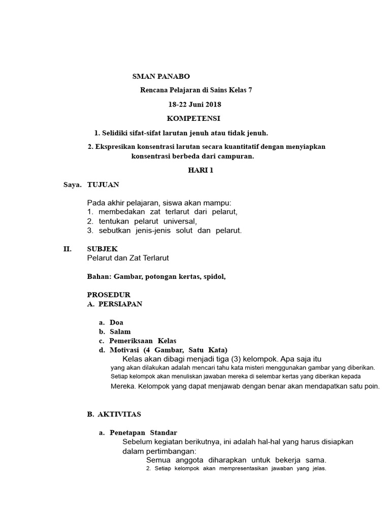 Rencana Pelajaran Zat Terlarut Dan Pelarut | PDF