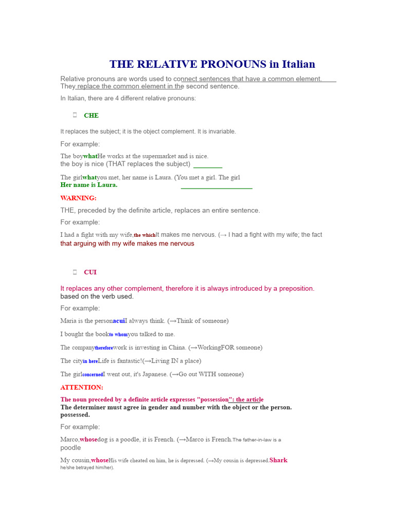 THE RELATIVE PRONOUNS in Italian | PDF | Pronoun | Subject (Grammar)