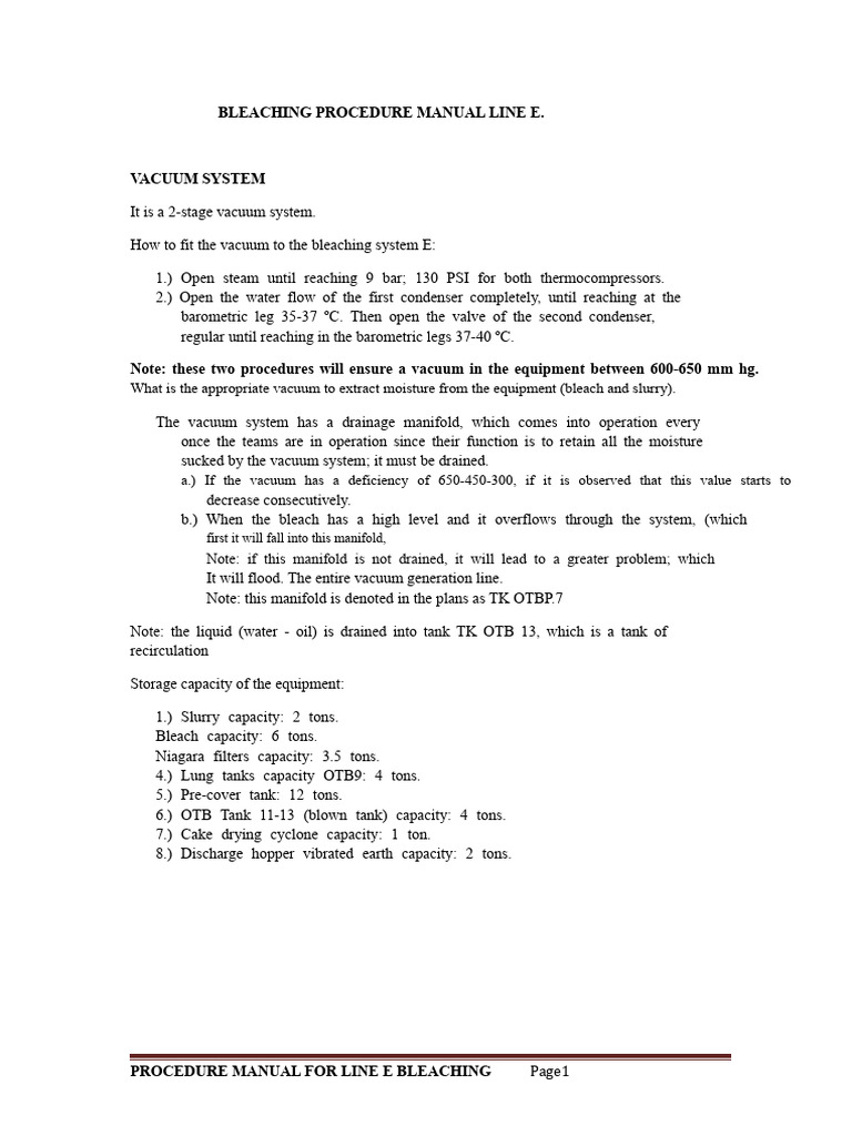 Bleaching Procedure Manual Line E | PDF | Pump | Filtration