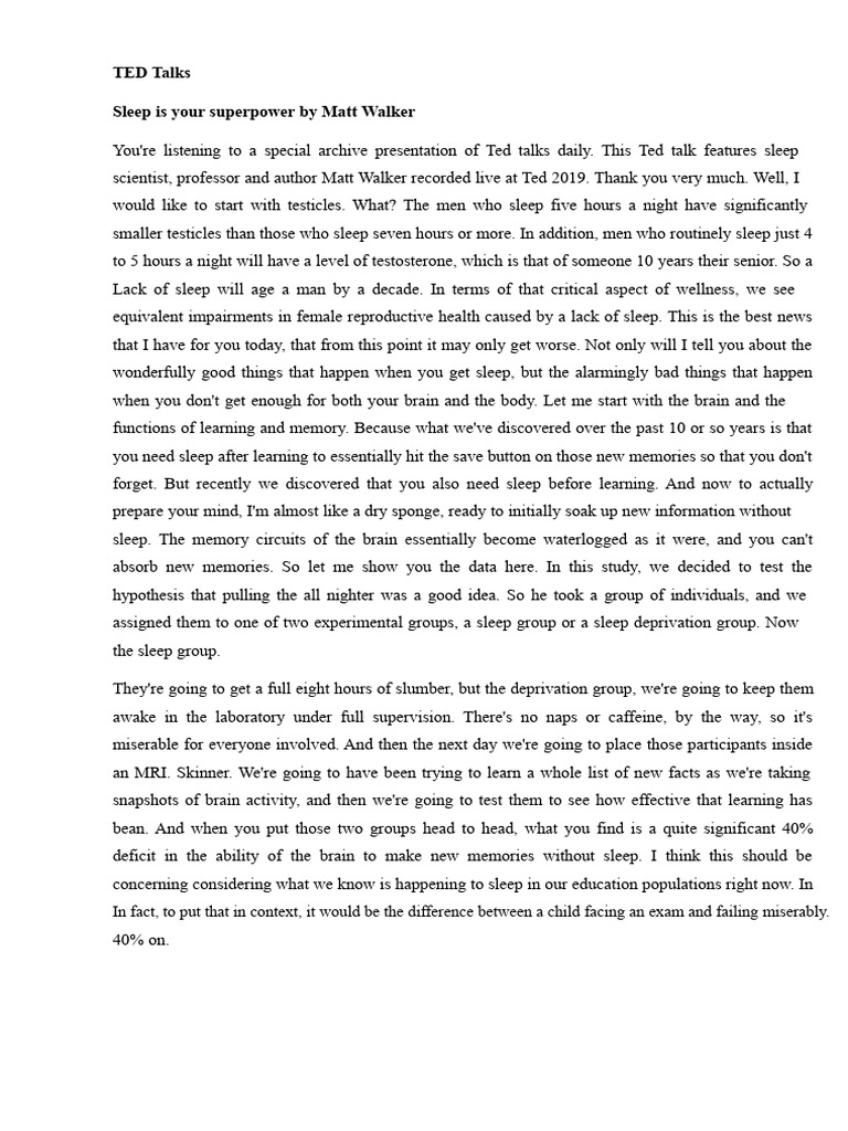 TED Talks Sleep Is Your Superpower by Matt Walker | PDF | Sleep | Sleep ...