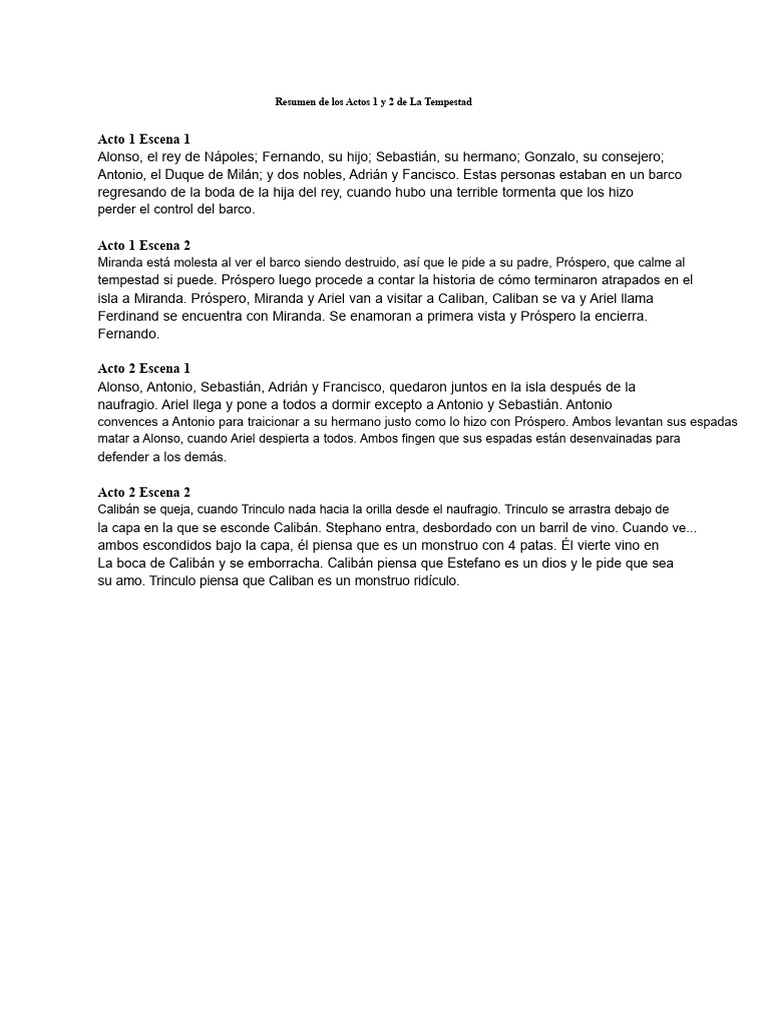 Resumen de Los Actos 1 y 2 de La Tempestad | PDF