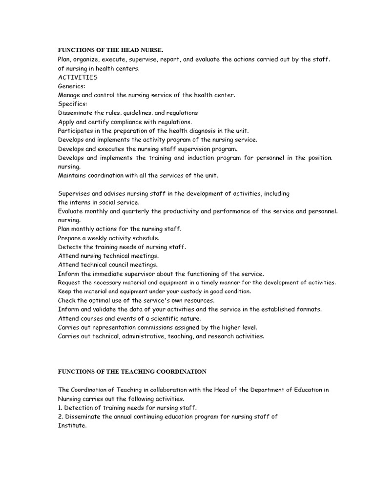 Head Nurse Functions and Responsibilities | PDF | Nursing | Therapy