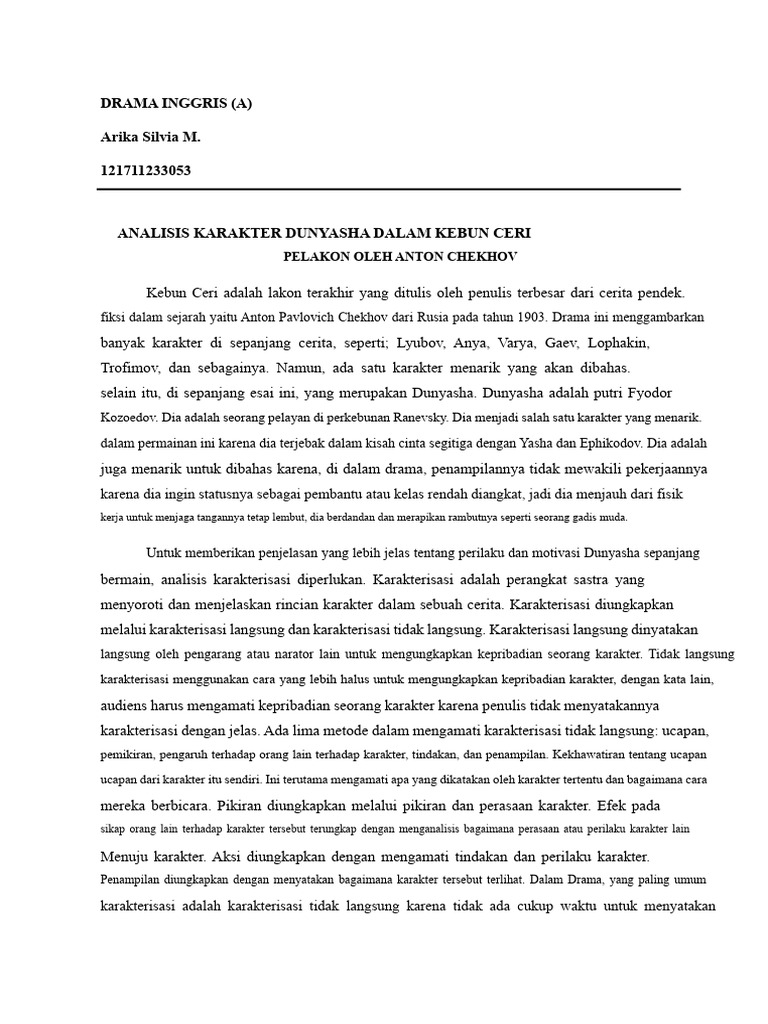 Analisis Karakter Dunyasha Kebun Ceri | PDF