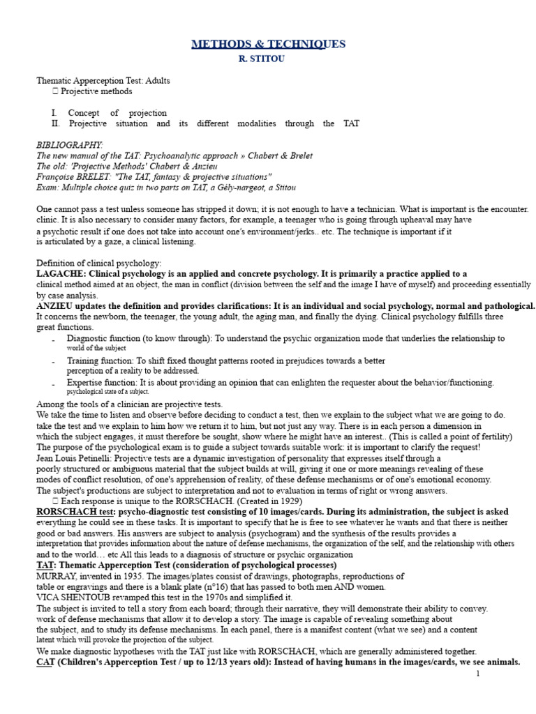 METHODS AND TECHNIQUES TAT (Stitou) | PDF | Sigmund Freud | Perception
