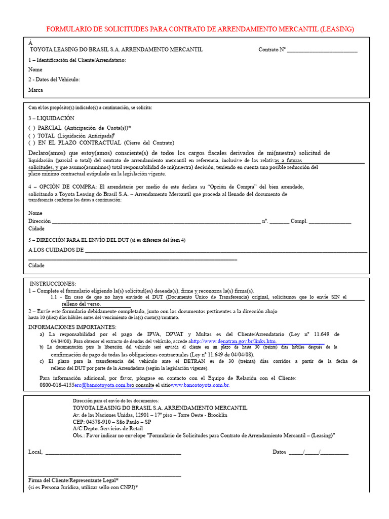 Solicitud de Contrato de Leasing Toyota | PDF