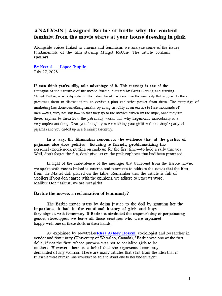 Feminist Themes in Barbie Movie Analysis | PDF | Barbie | Femininity