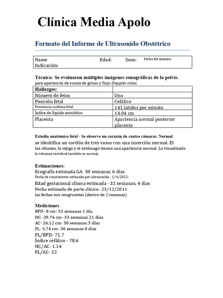 Formato de Informe de Ultrasonido Obstétrico | PDF | Feto | El embarazo