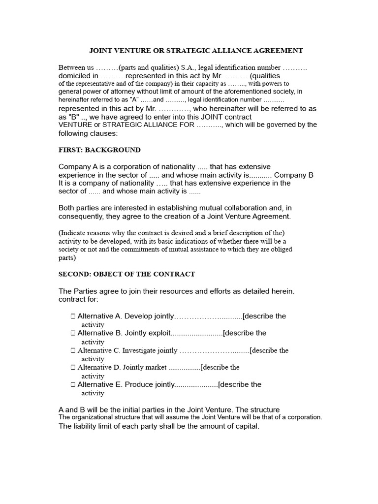 JOINT VENTURE OR STRATEGIC ALLIANCE AGREEMENT | PDF | Joint Venture ...