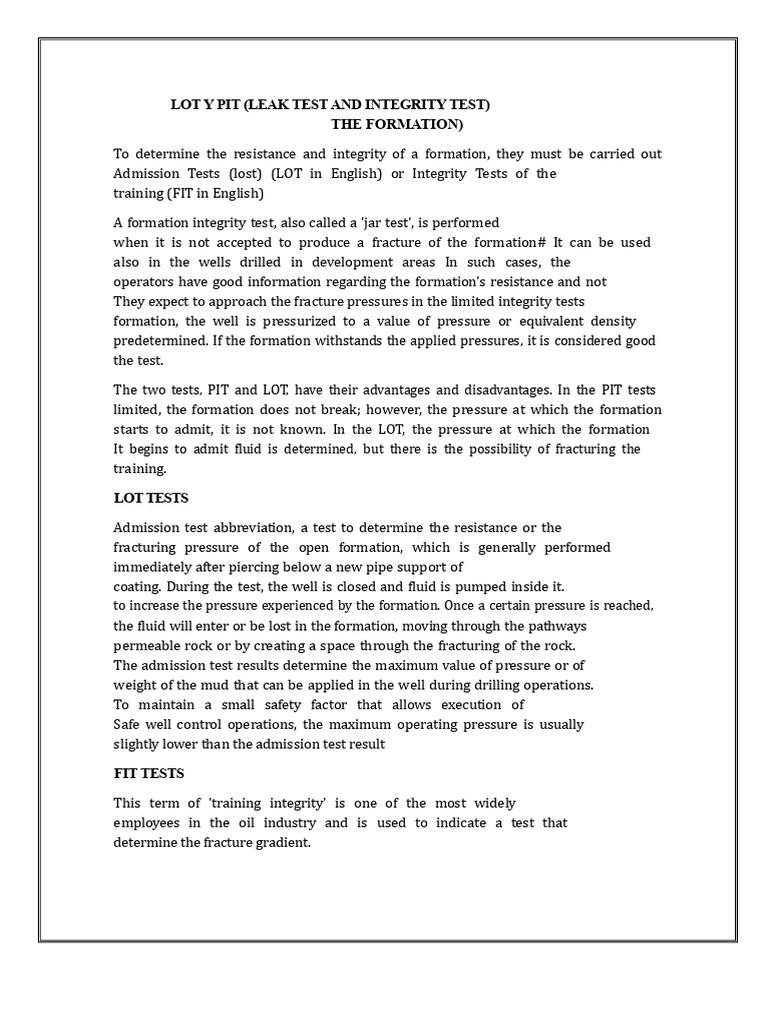 LOT and FIT Tests for Formation Integrity | PDF