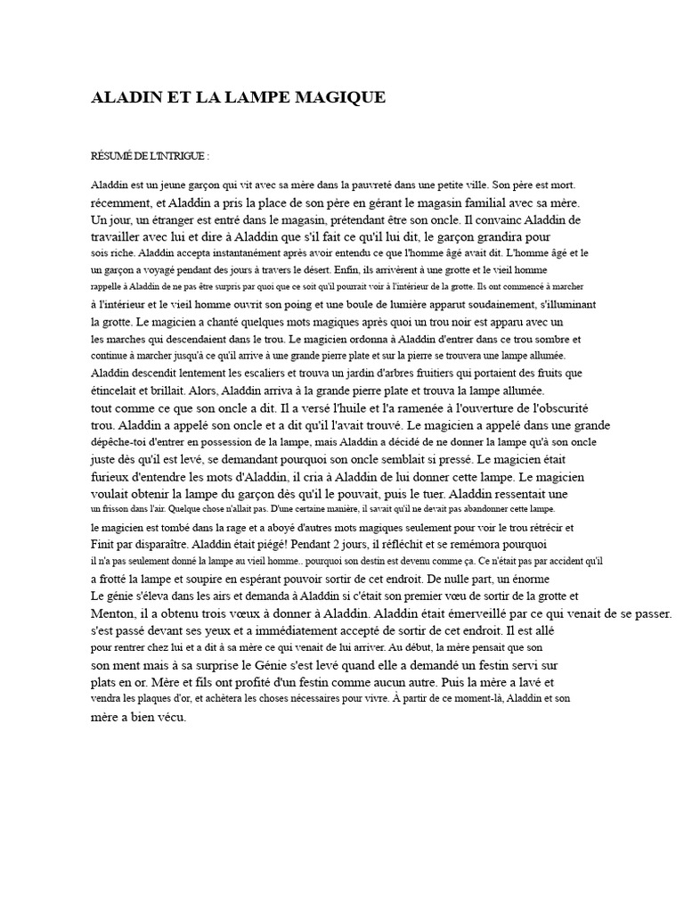 Résumé d'Aladin et la lampe magique | PDF